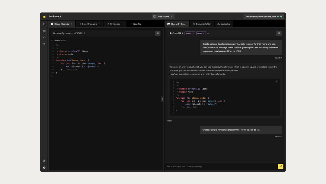 Slater | AI Custom Code Tool For Webflow Projects